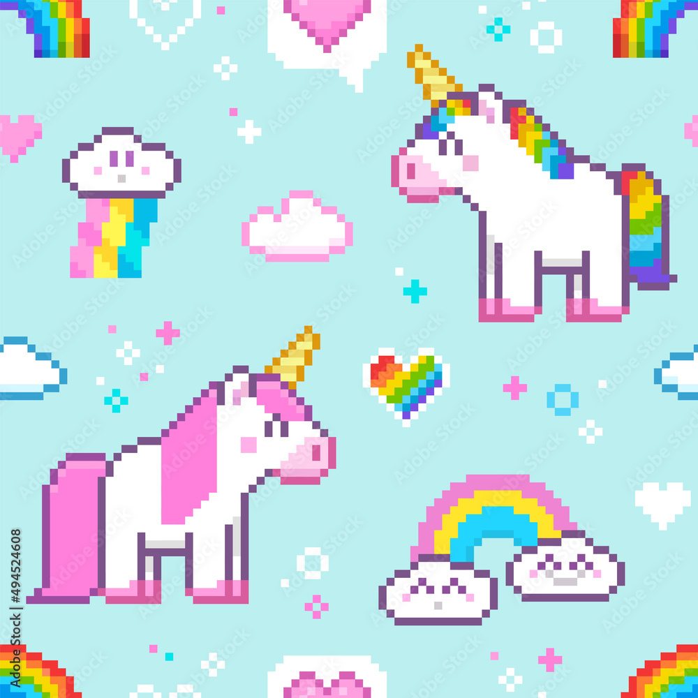 Cute Pixel Unicorns seamless pattern on blue background. Cartoon unicorns with rainbow tails for ...