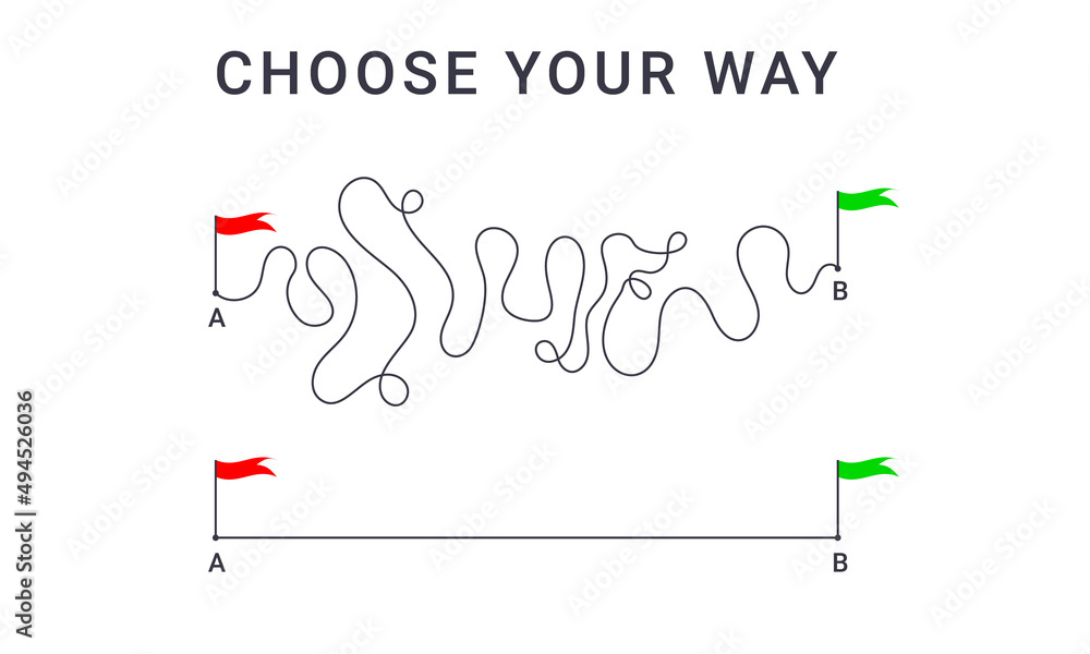 Concept of plan, easy expectation and complicated reality way. Complex ...