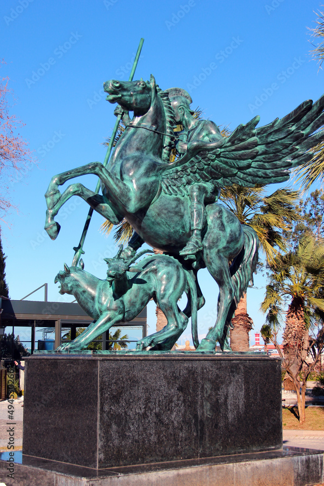 Kemer, Turkey - February 4, 2022: Equestrian statue of Bellerophon, the ...