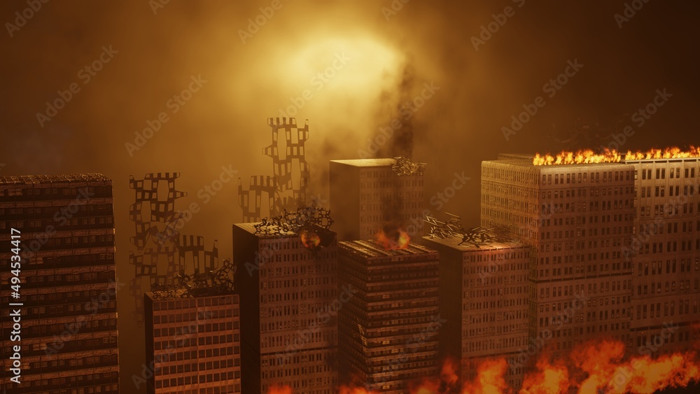 Buildings on fire. City burning. City on fire. Bombing city under ...
