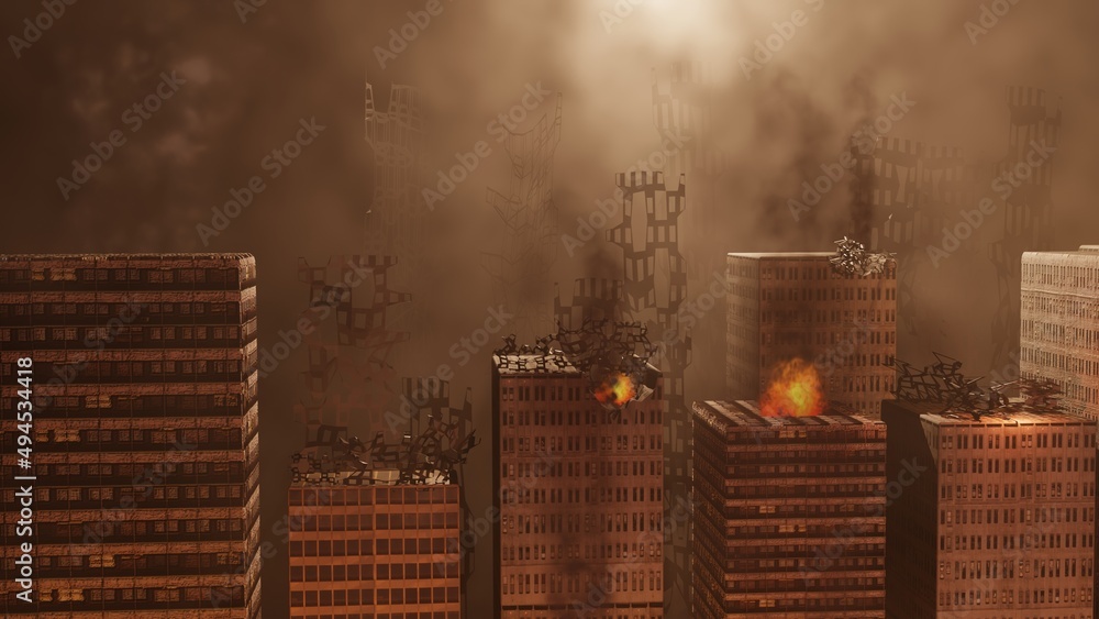 Buildings on fire. City burning. City on fire. Bombing city under ...