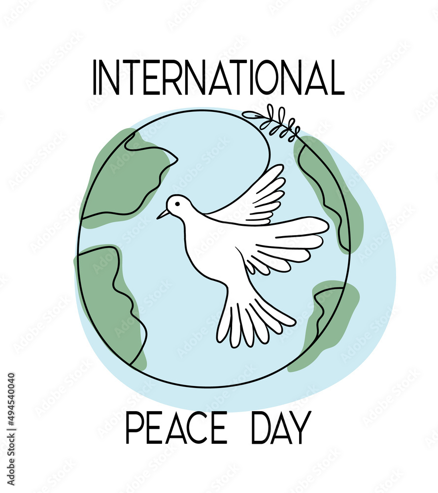 Flying pigeon with a branch . Dove of peace on the background of planet ...