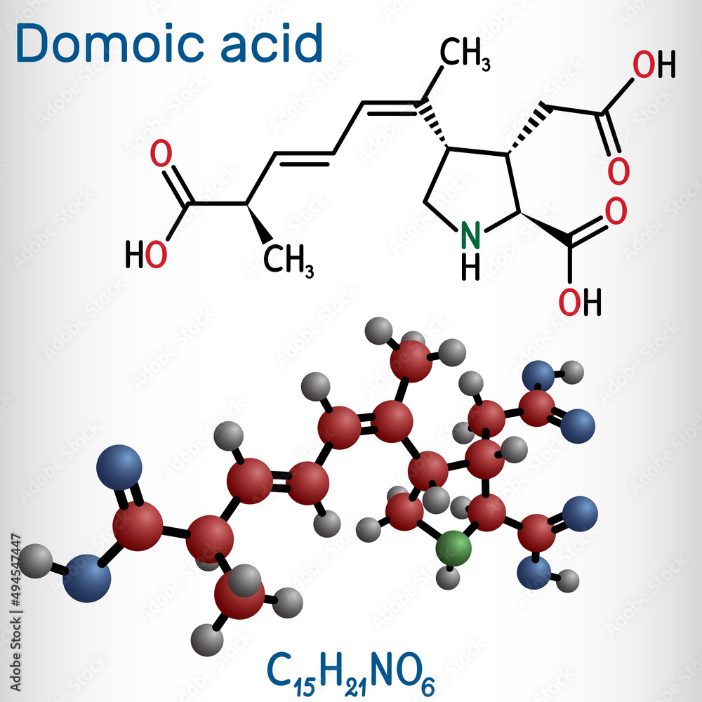 Domoic acid, DA neurotoxin molecule. It is analogue of kainic acid ...