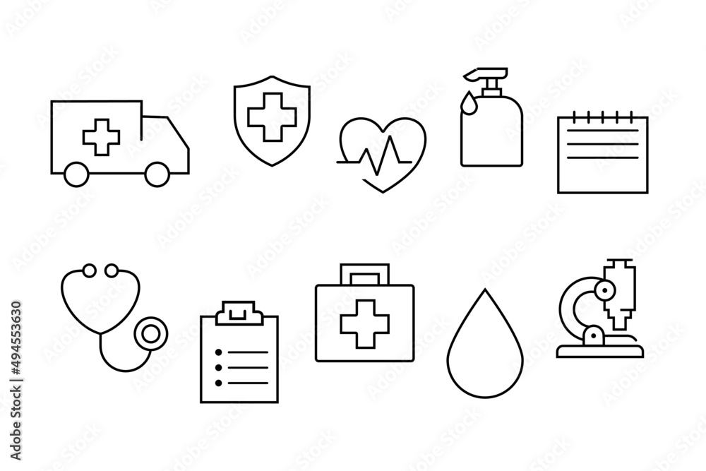 Medical healthcare clinic line icons. Black and white symbols on a ...