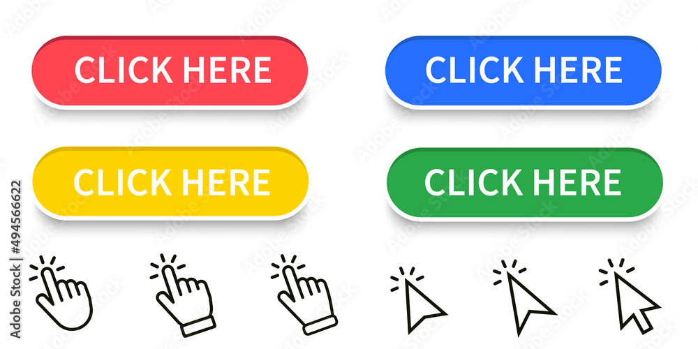 Click Here Button with hand or mouse cursor. Click button. Modern action button. Computer mouse ...