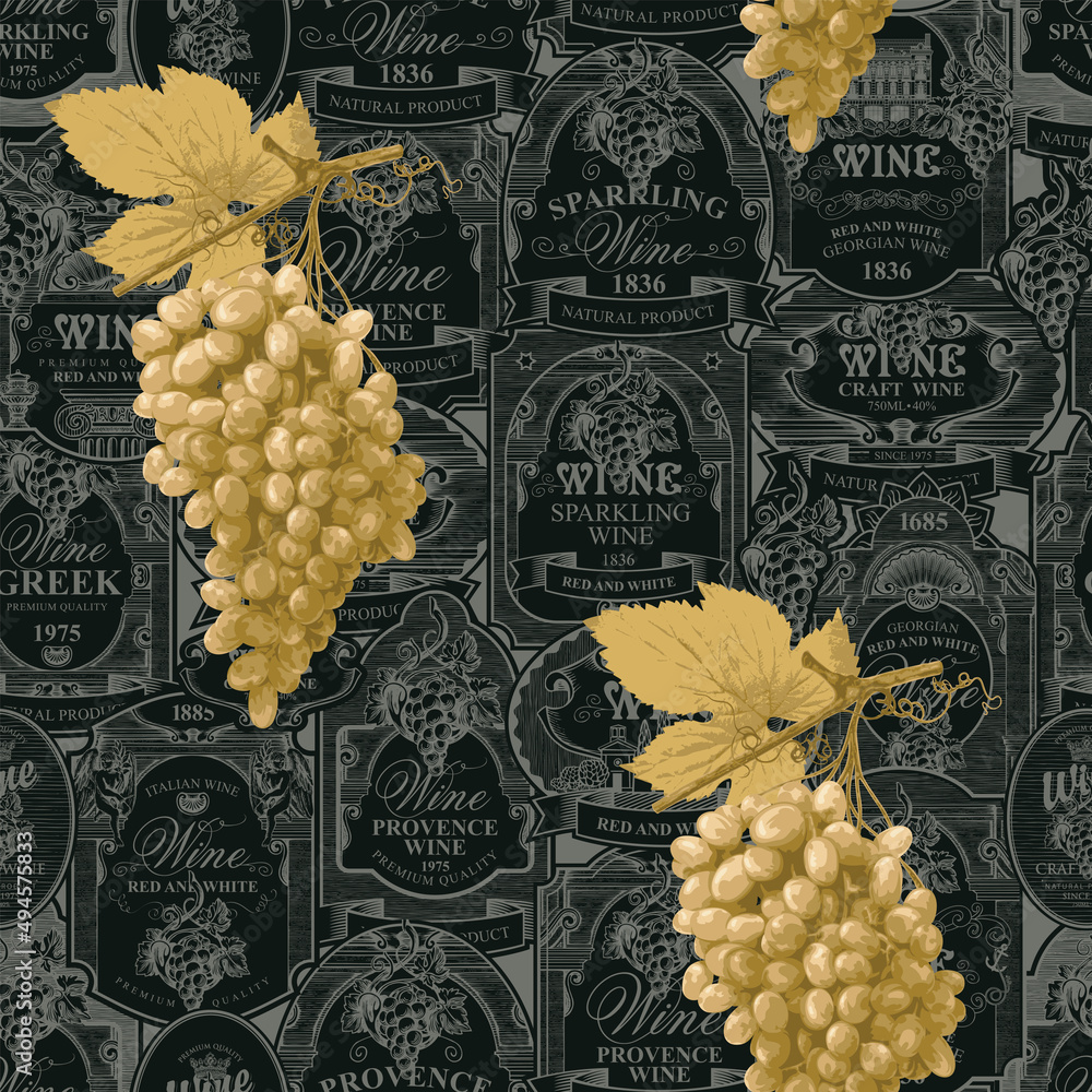 Seamless pattern with realistic bunches of green grapes on a black ...