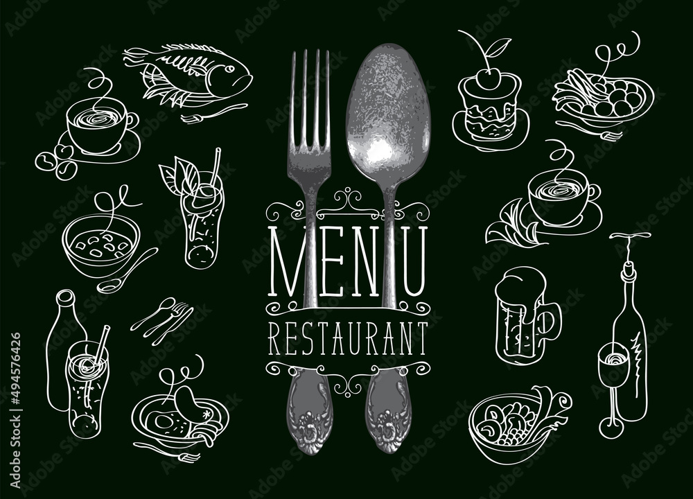 Vector menu for a restaurant with fork, spoon and sketches of various ...
