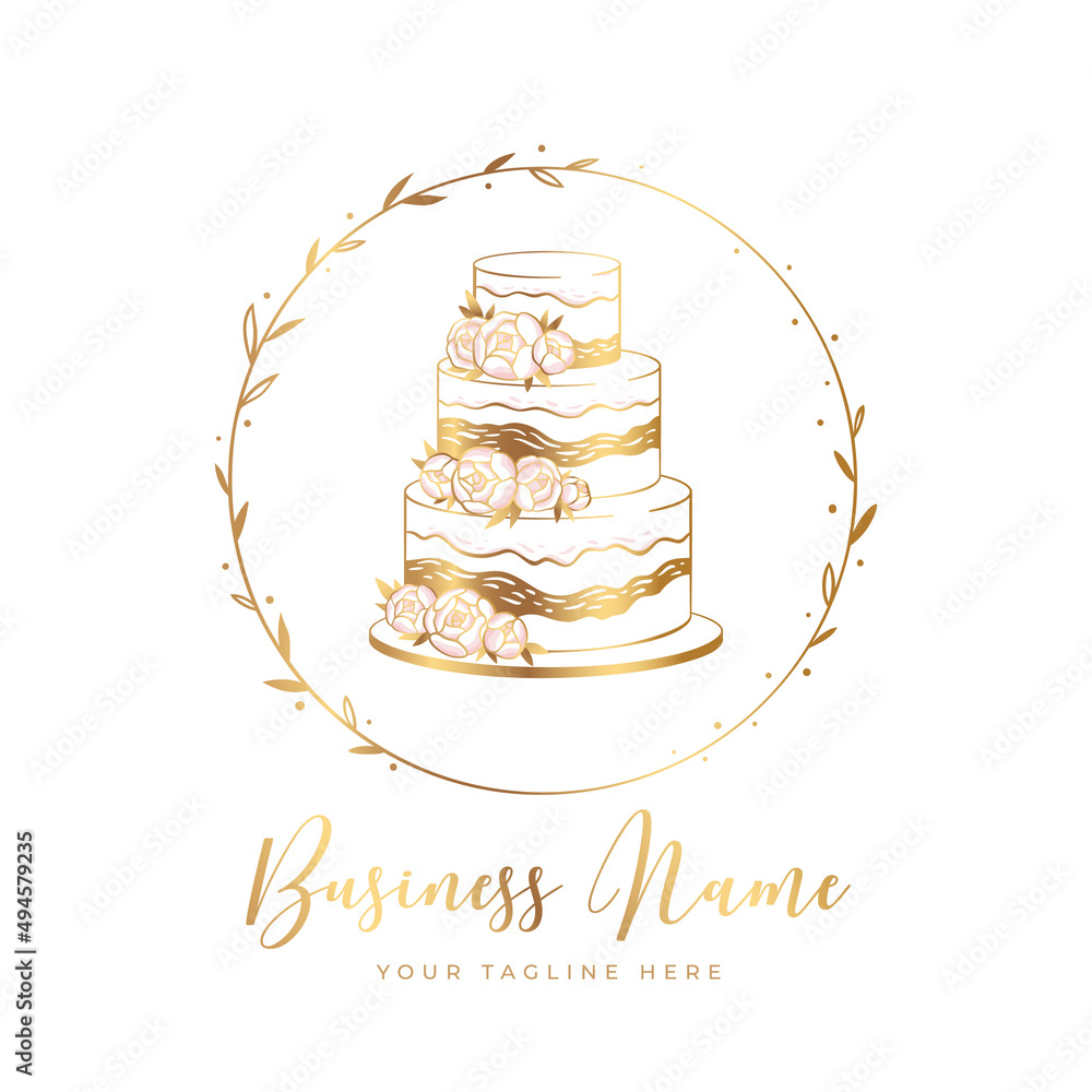 Wedding cake with flowers in gold round frame. Bakery logo design Stock ...