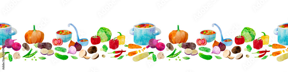 Hand-drawn watercolor vegetable soup seamless ornament border line ...