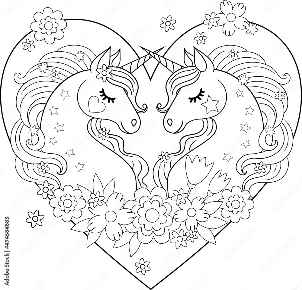 Cute unicorns with flowers in heart shape frame. Vector outline for ...