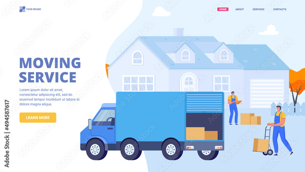 Delivery men moving boxes to a new house. Moving service, delivery ...