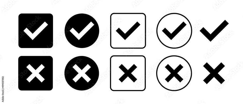 Check mark and Cross mark black icon set. Isolated tick symbols ...