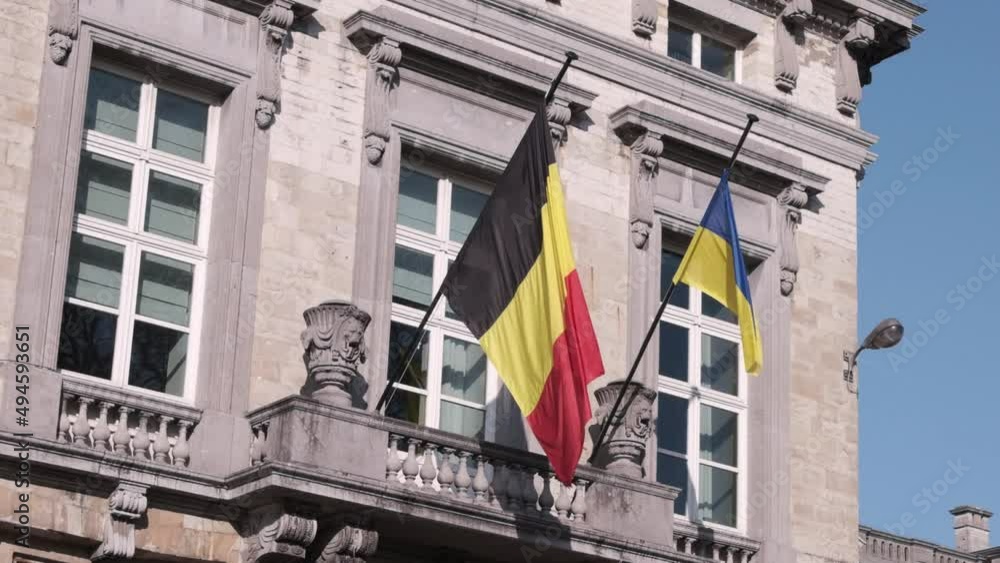 4K Flags of Ukraine and Belgium Waving Side by Side at the Belgian ...