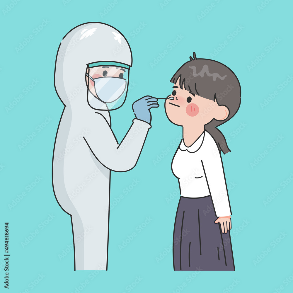 Hand drawn cartoon woman swab covid-19 antigen test kit with a doctor ...