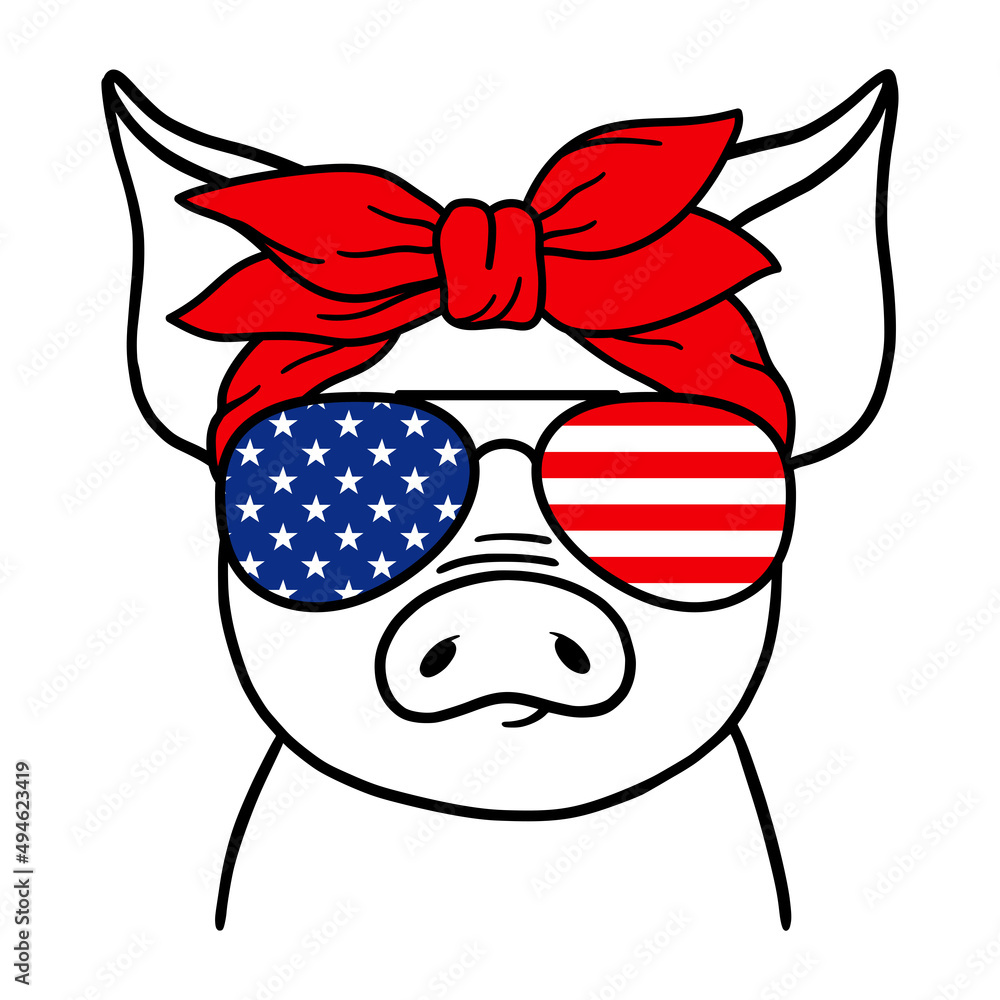 Cute Pig Line Art. Piglet with aviator glasses ang bandana, USA Flag ...