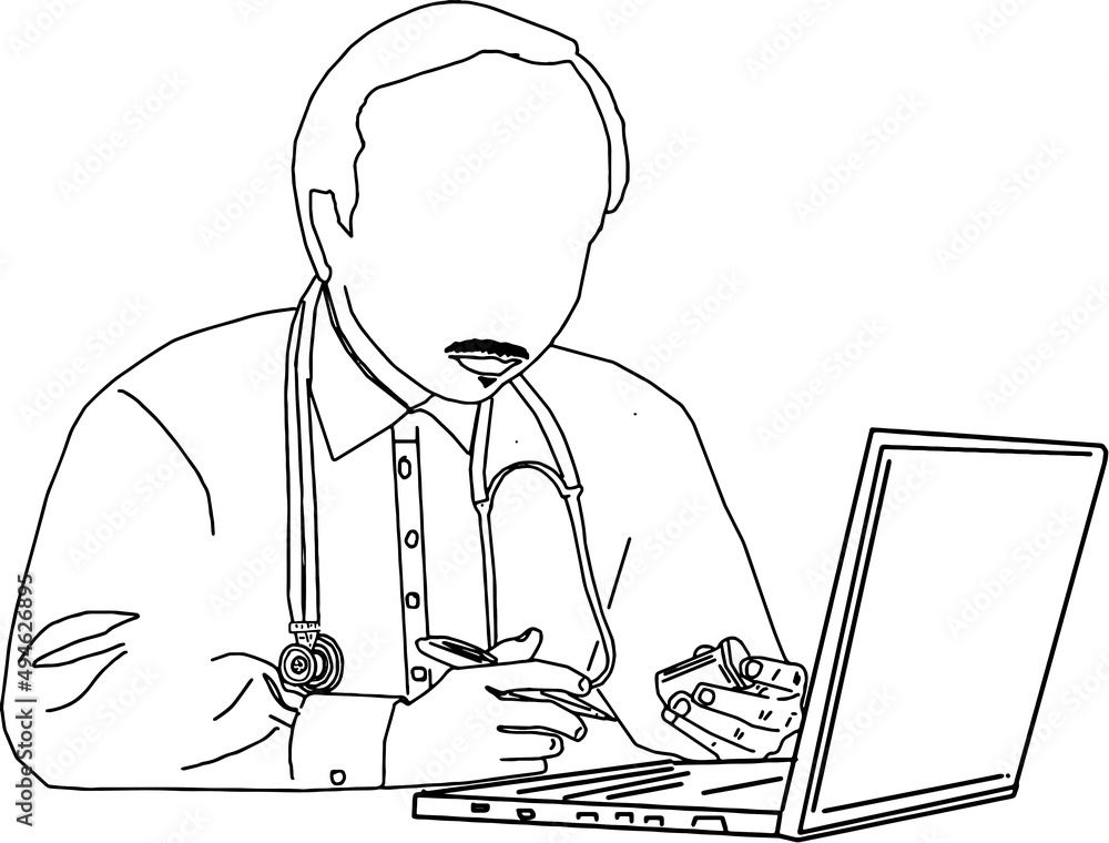 Outline sketch drawing vector of Doctor writing prescription and ...