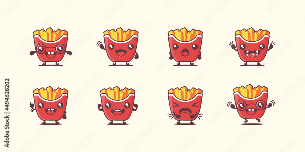 french fries cartoon. fast food illustration. with different faces and ...