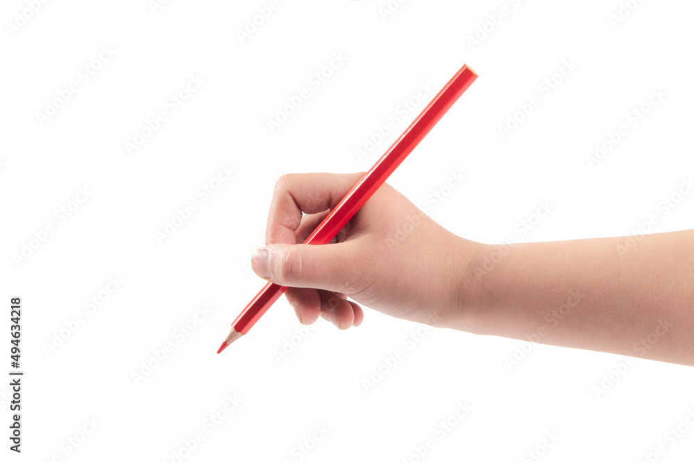 kid hand holding pencil, writing or drawing, isolated on white ...