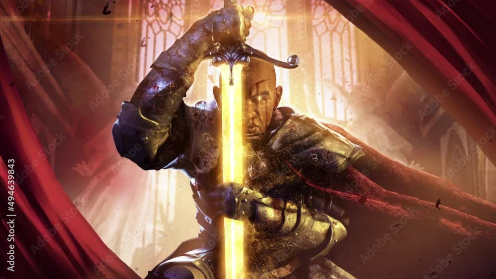 A wounded black paladin warrior in enchanted armor with a red cloak ...