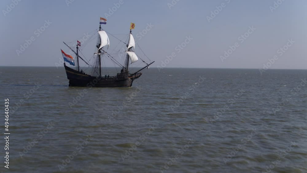 An onward aerial footage towards the Halve Maen ship at the middle of ...