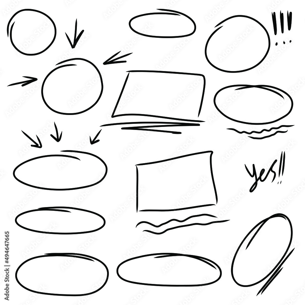 Hand drawn square oval rectangle frame highlight arrow set. Doodle ...
