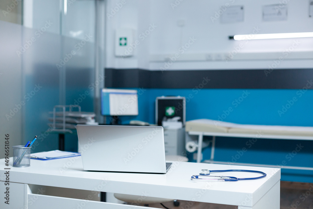 Medical professional workspace with doctor office desk having modern ...