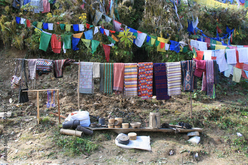 buddhist prayer flags and stall in bhutan Stock Photo | Adobe Stock