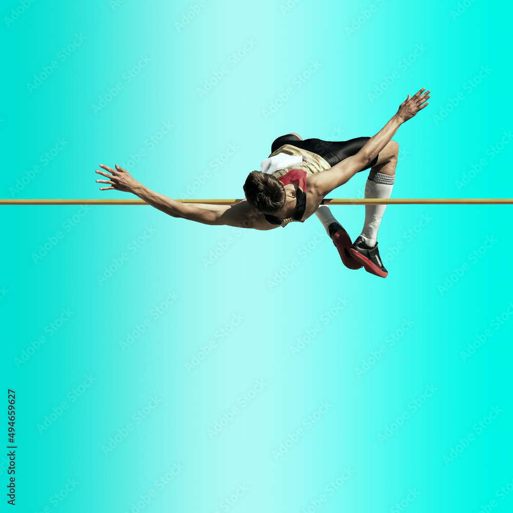 Professional male pole vaulter on background in neon light. Concept of ...