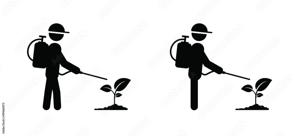 Cartoon man spraying toxic or weedkiller on plants, flowers or grass ...