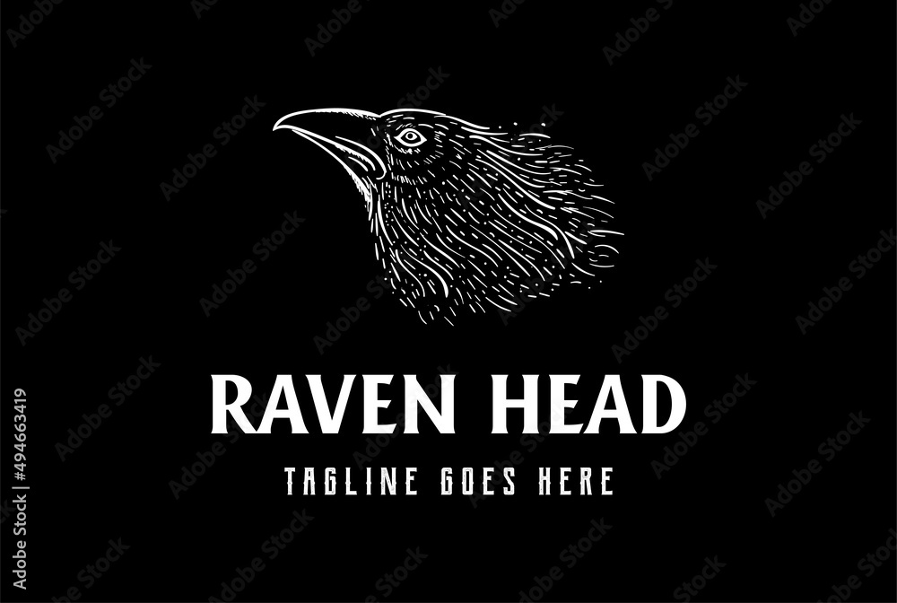 Vintage Retro Hand Drawn Raven Bird Head for Tattoo Logo Design Stock ...