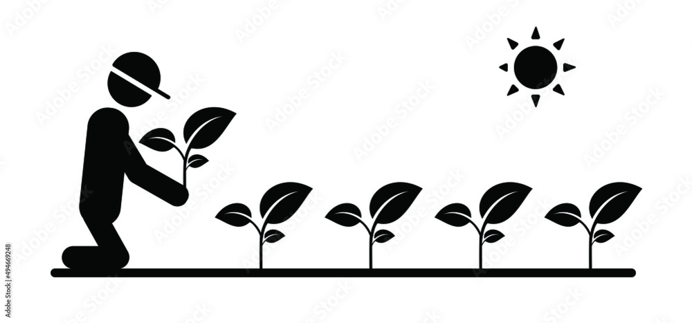 Vecteur Stock Cartoon Stickman, stick figure man with garden plants ...