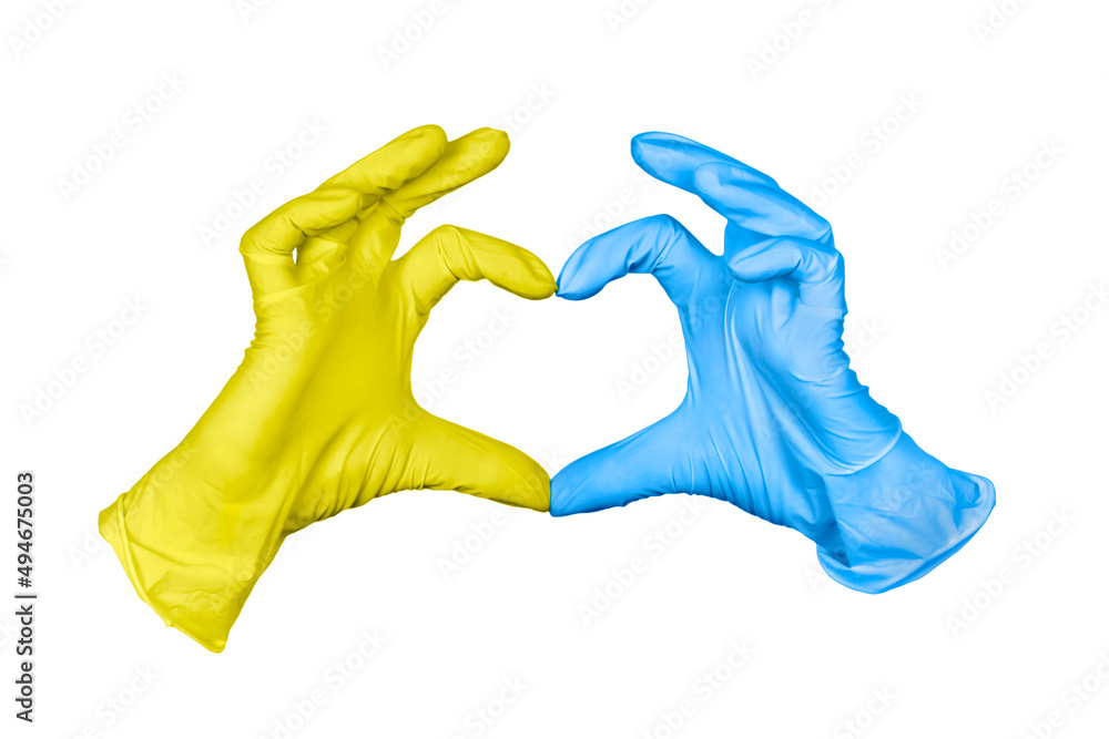 Hands toned in colors of Ukrainian Flag forms heart gesture. Stop war ...