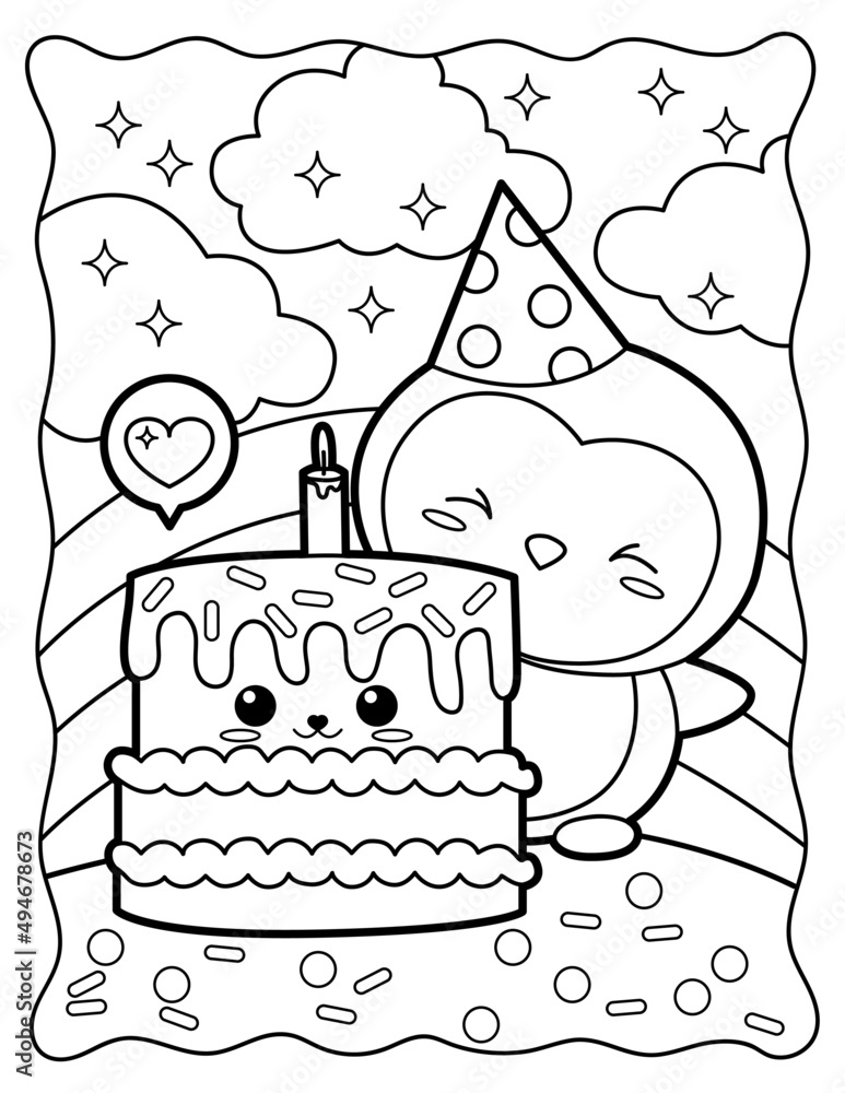 Kawaii coloring page. Birthday penguin with cake. Sweets. Coloring book ...