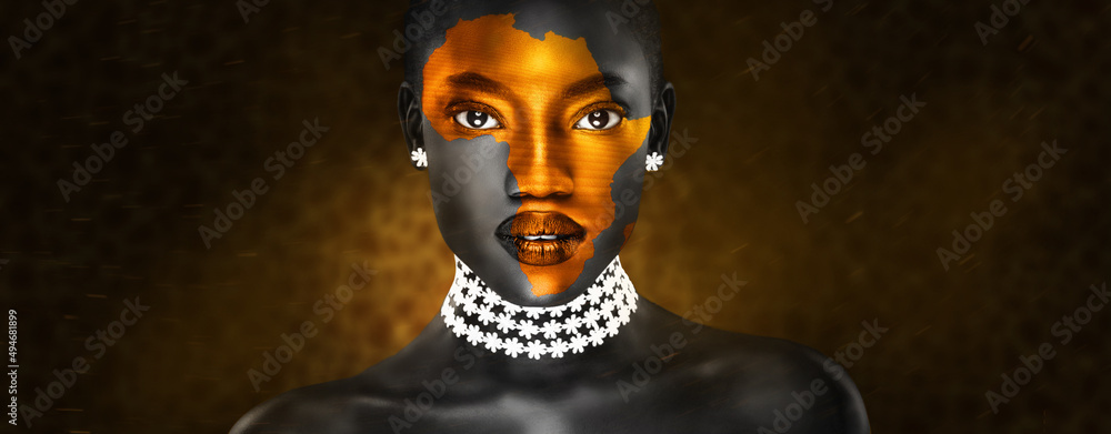 an africa symbol image on the beautiful african face of a young woman ...