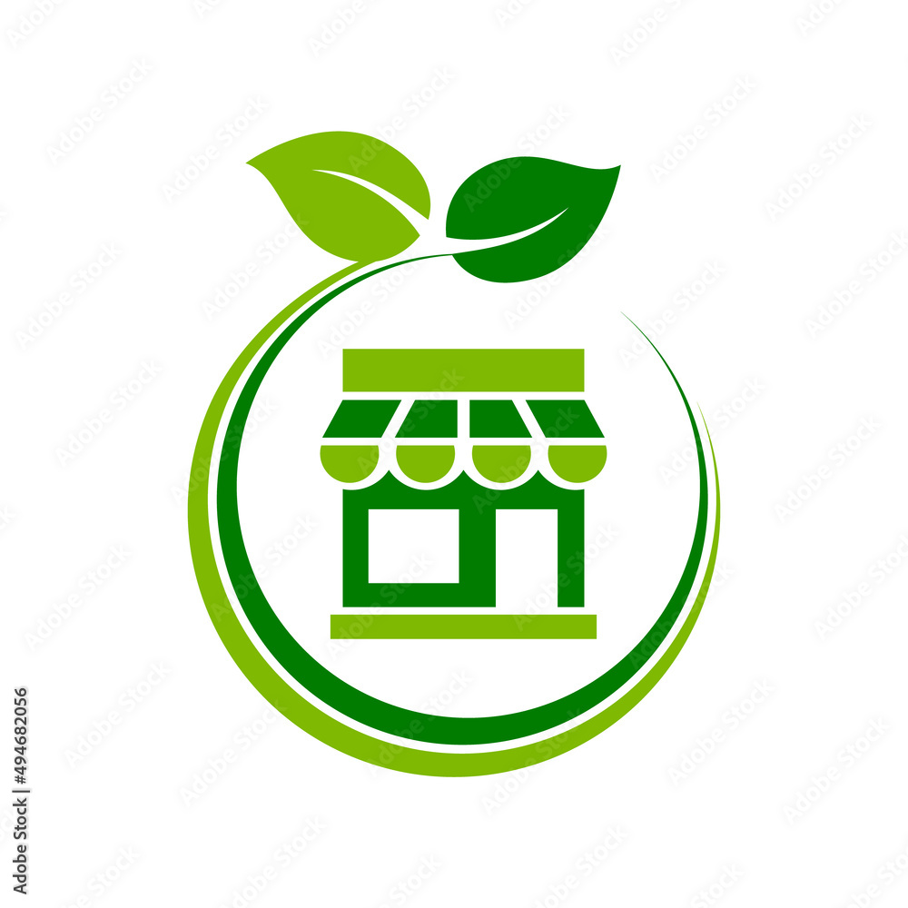 Green store icon. Organic shop logo with leaves. Natural products sign ...