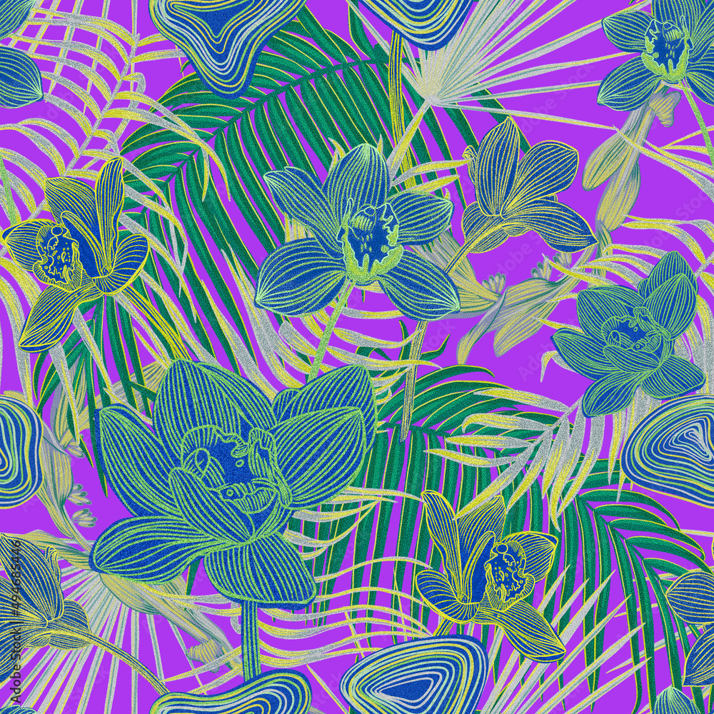 Beautiful bright orchids surrounded by lush tropical plants. Bright ...