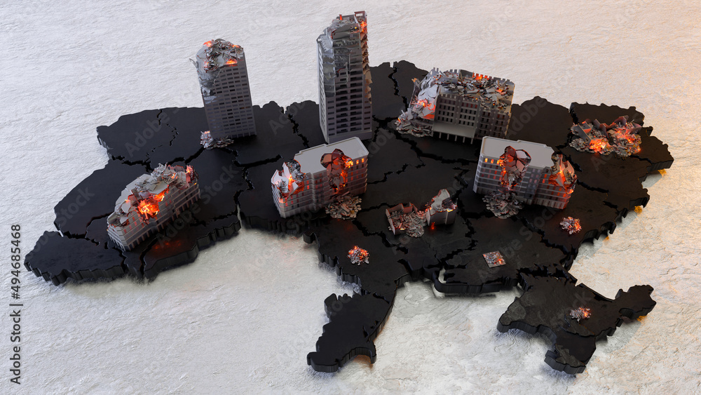 Destroyed, burning houses, buildings and cities in Ukraine over map ...