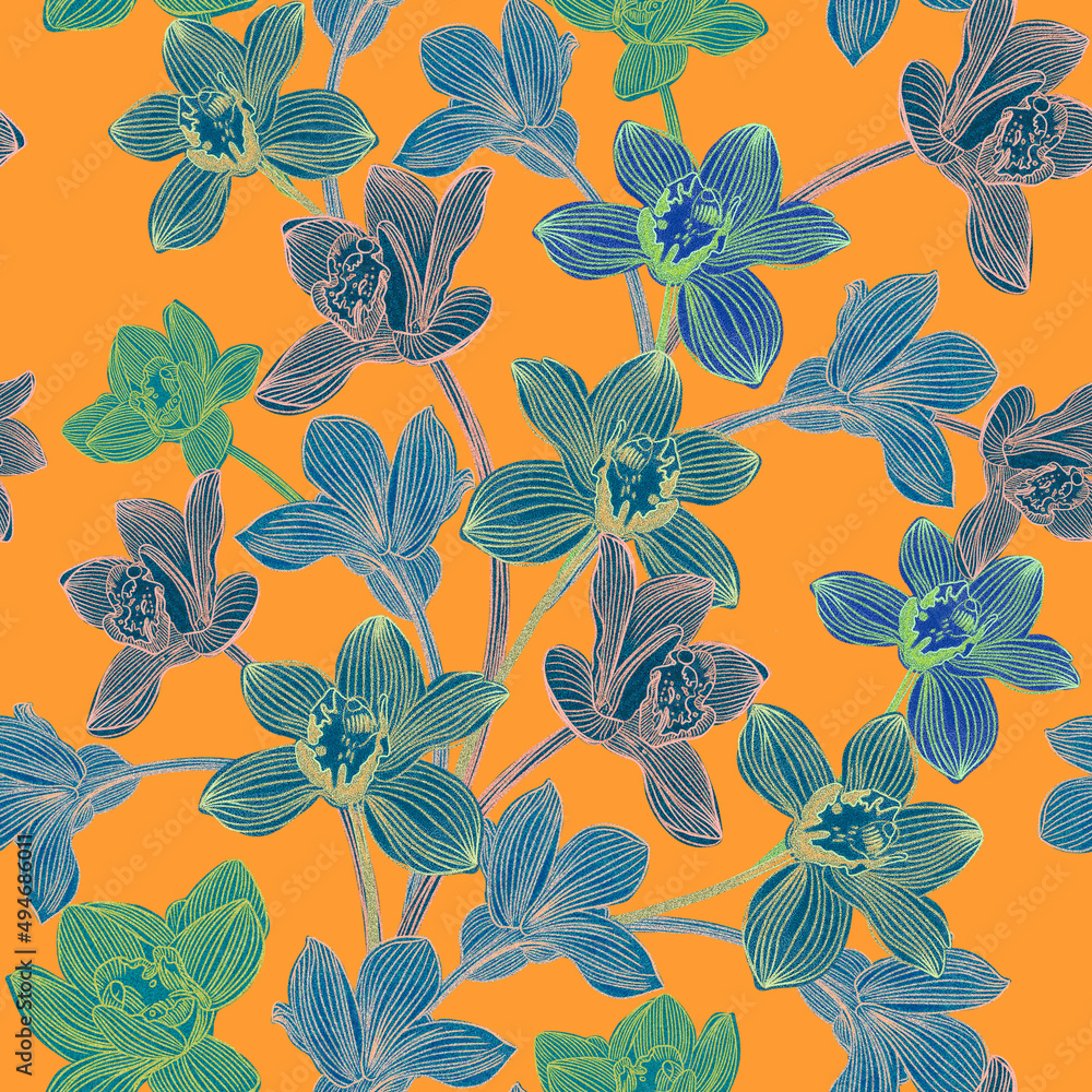 Beautiful bright orchids surrounded by lush tropical plants. Bright ...