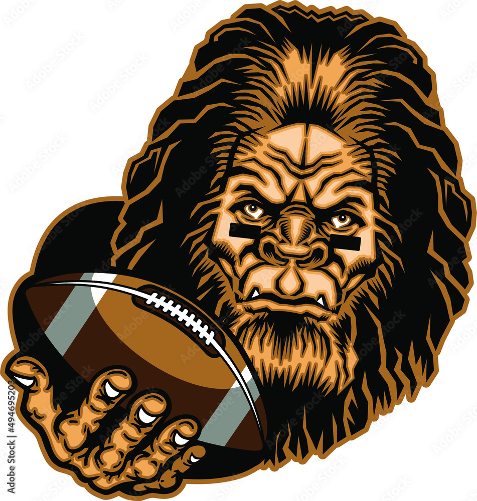 legendary bigfoot mascot holding football for school, college or league ...