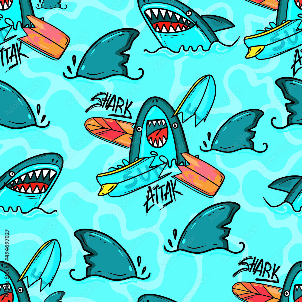 Abstract seamless shark pattern with surfboard repeated backdrop ...