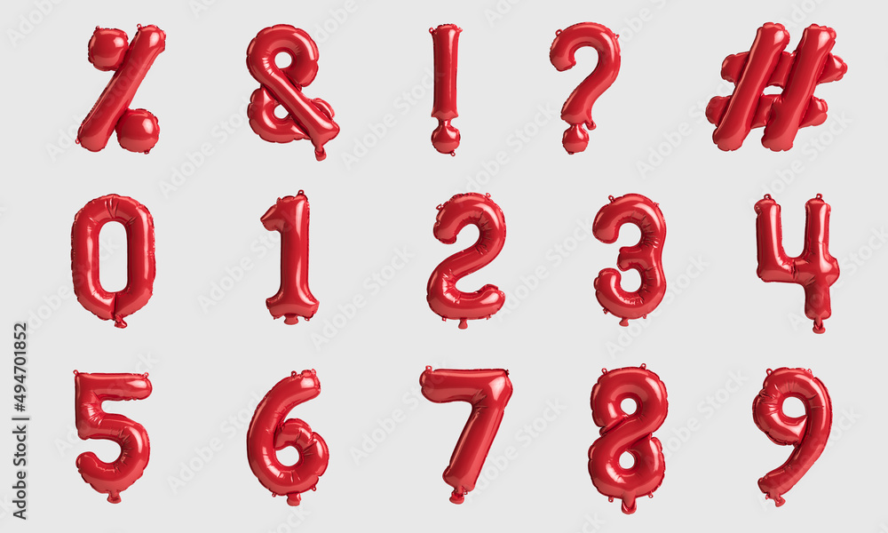 Number table and mark 3d illustration of red balloons isolated on white ...