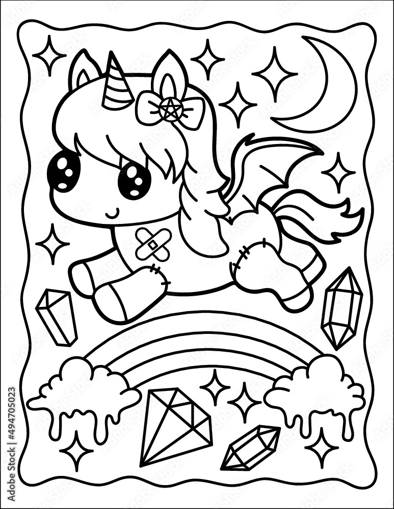 Halloween coloring page. Unicorn with 3 eyes. Terrible animals. Horror ...