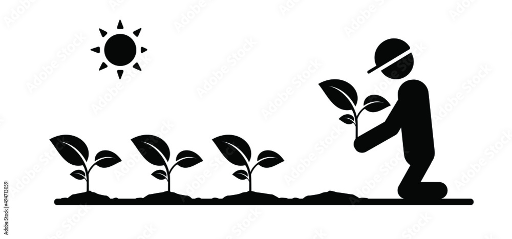 Cartoon Stickman, stick figure man with garden plants. Vector gardening ...