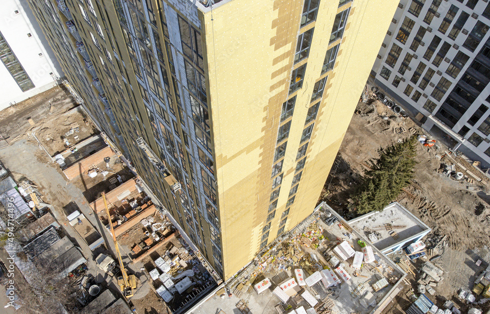 Building external wall thermal insulation with mineral wool. Exterior ...