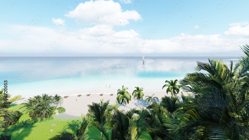 8K ULTRA HD. Blue sky over the sea and beach. Waves washing the sand ...