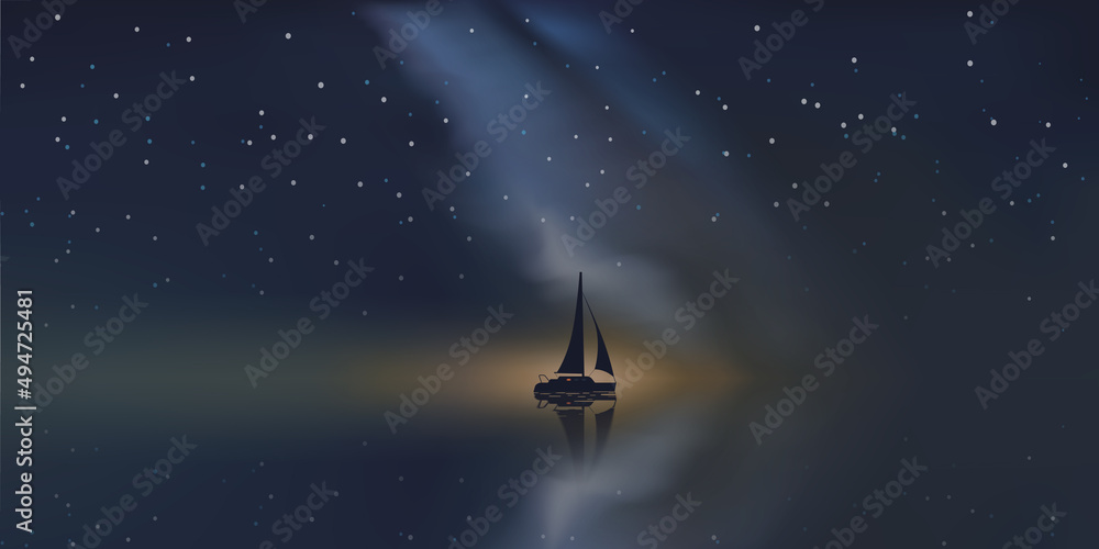 Horizontal vector background with sailing boat at night in the ocean ...