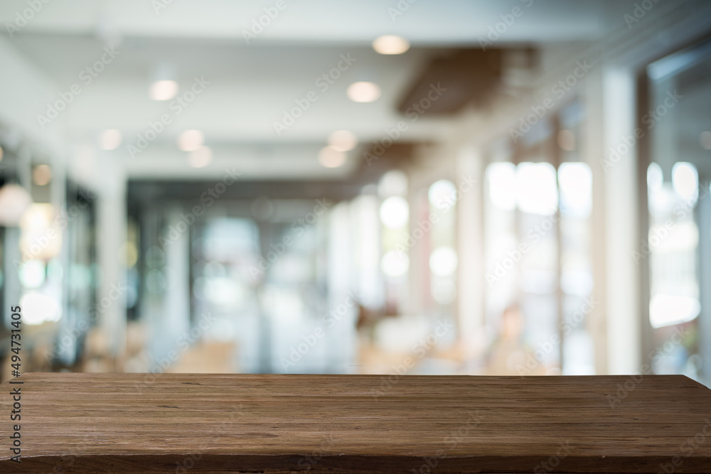 Abstract bokeh office blurred background with wood table. Stock Photo ...