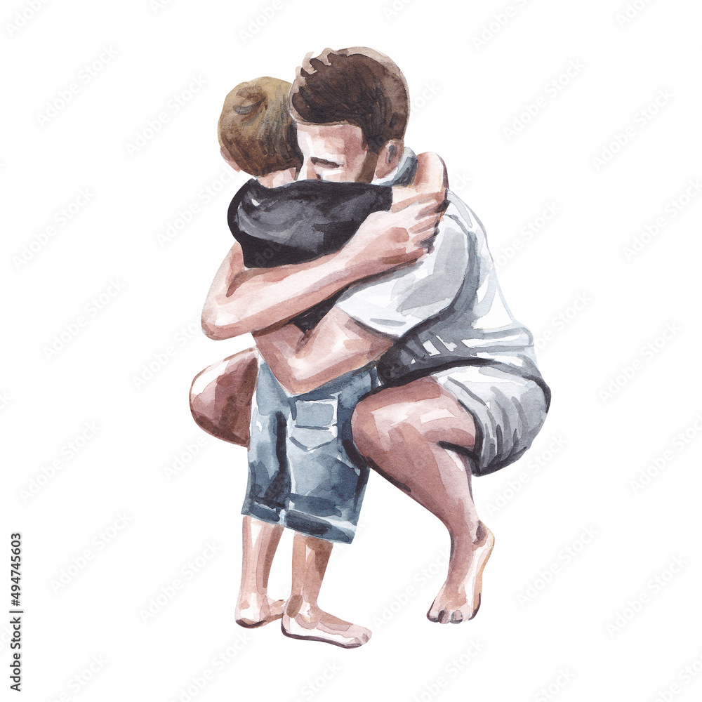 Watercolor fashion illustration of a father embracing his son. Father's ...