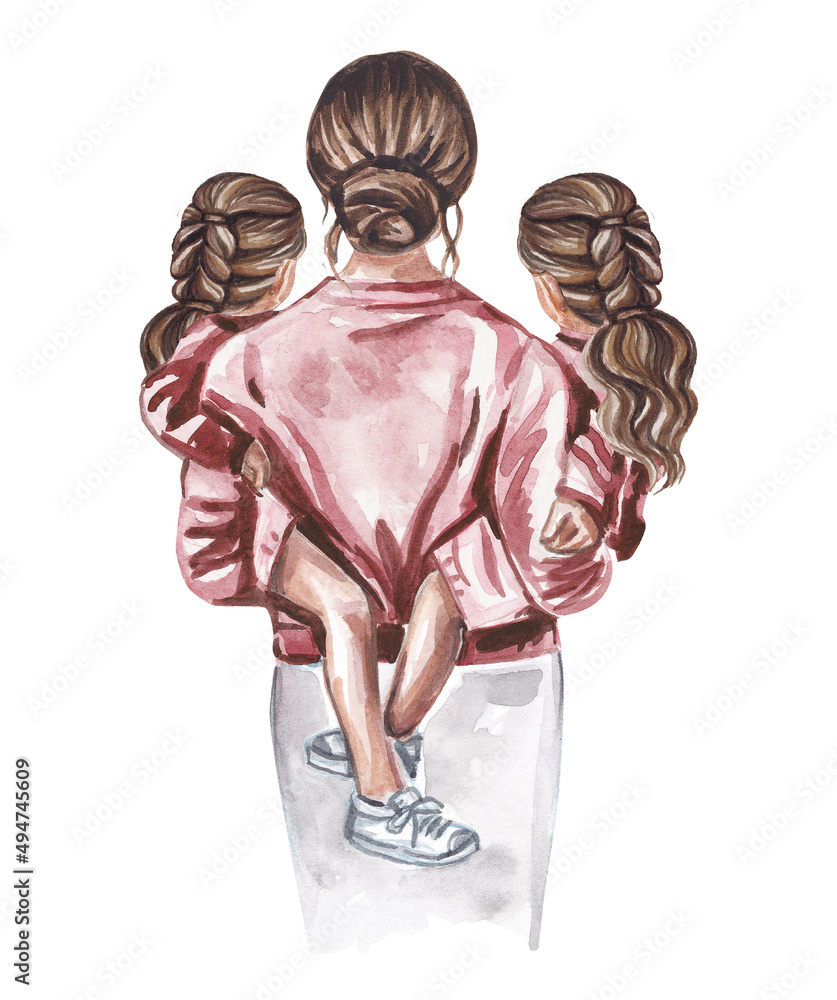 Fashion watercolor illustration. A woman with two girls in her arms ...