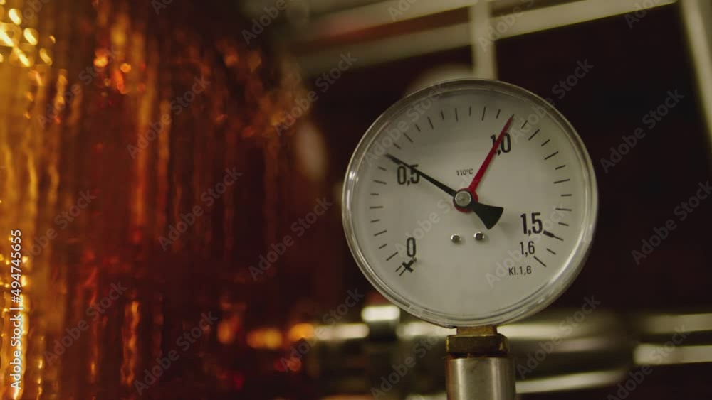 Close up Pressure gauge inside of an alcohol drink factory . Tachometer ...